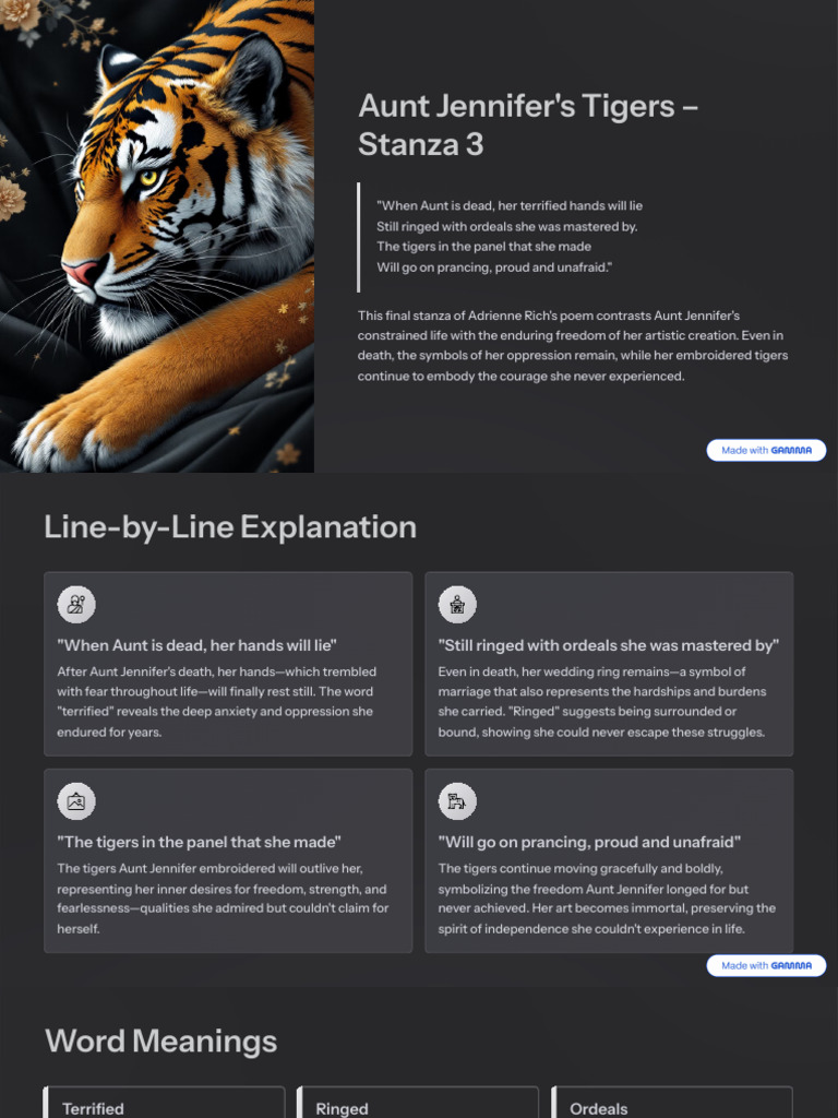 Aunt Jennifers Tigers Stanza 3 | PDF | Poetry | Rhyme