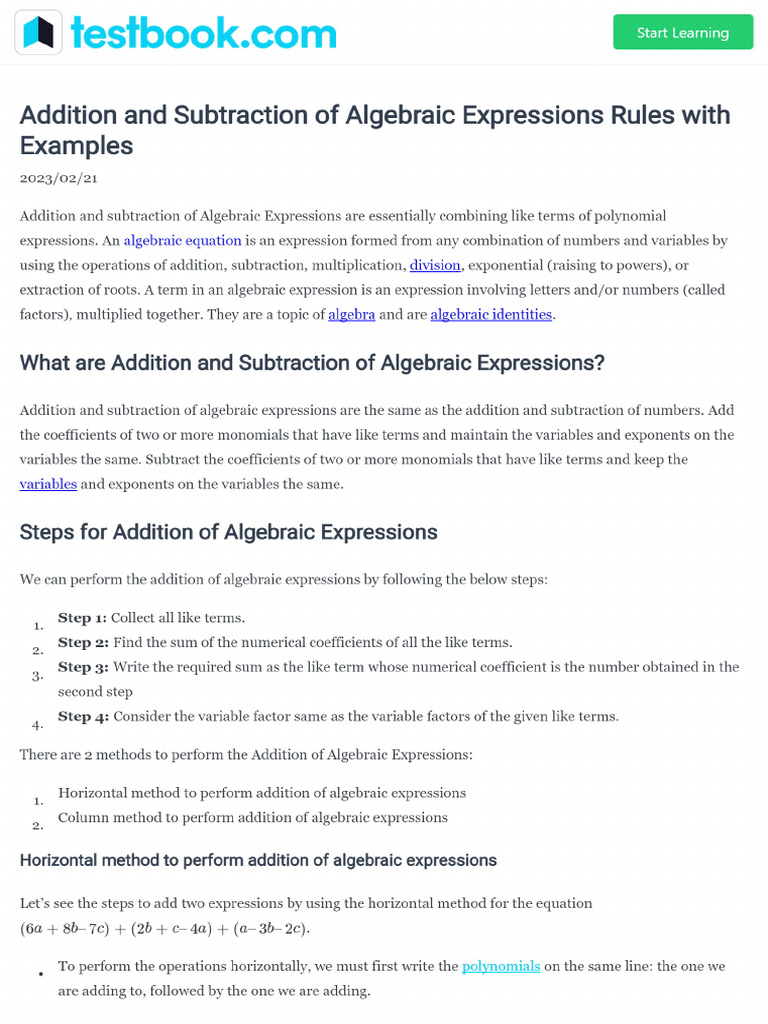 Maths Addition and Subtraction of Algebraic Expressions 09e07e0c | PDF