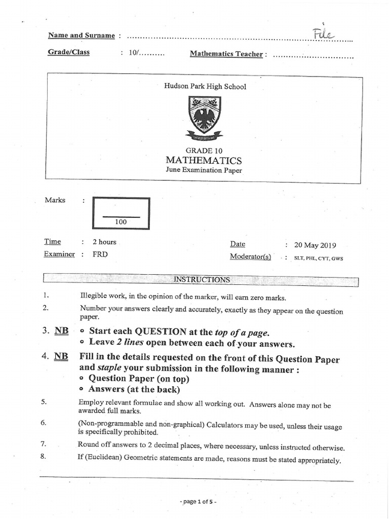 Grade 10 2019 June Maths (Only Paper) | PDF