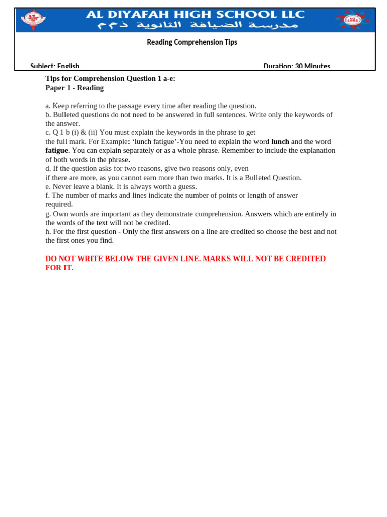 Tips Comprehension 1 a-e (1) Y10 Exam Resources | PDF