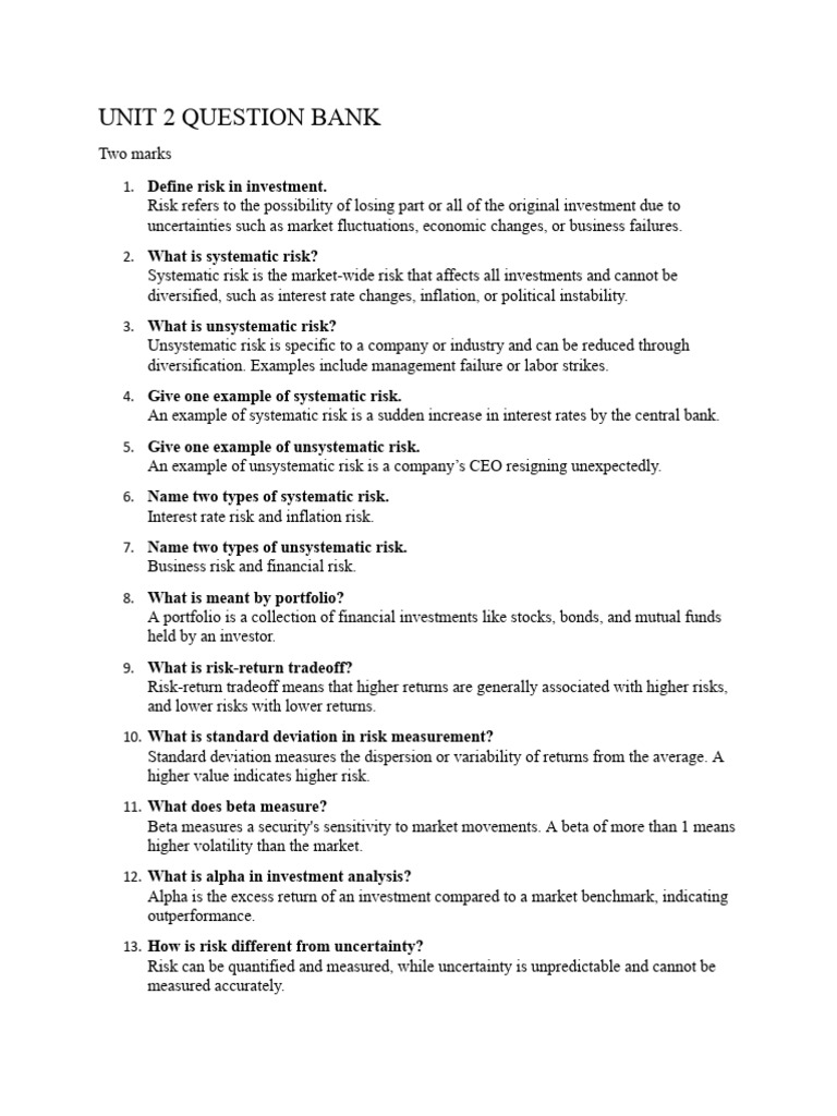 Unit 2 Question Bank | PDF | Financial Risk | Diversification (Finance)