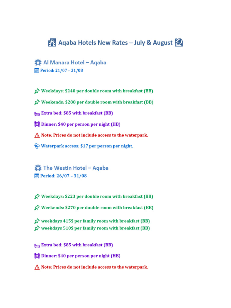 Aqaba Hotels New Rates July August New | PDF