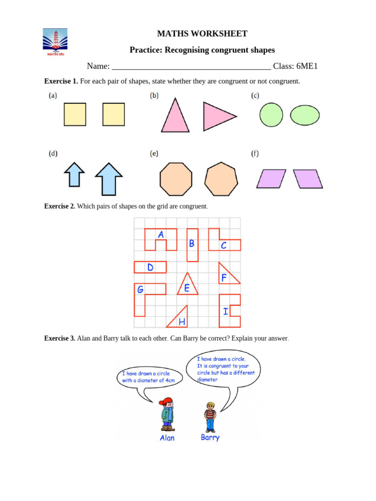 Congruent Shapes Worksheet for 6th Grade | PDF