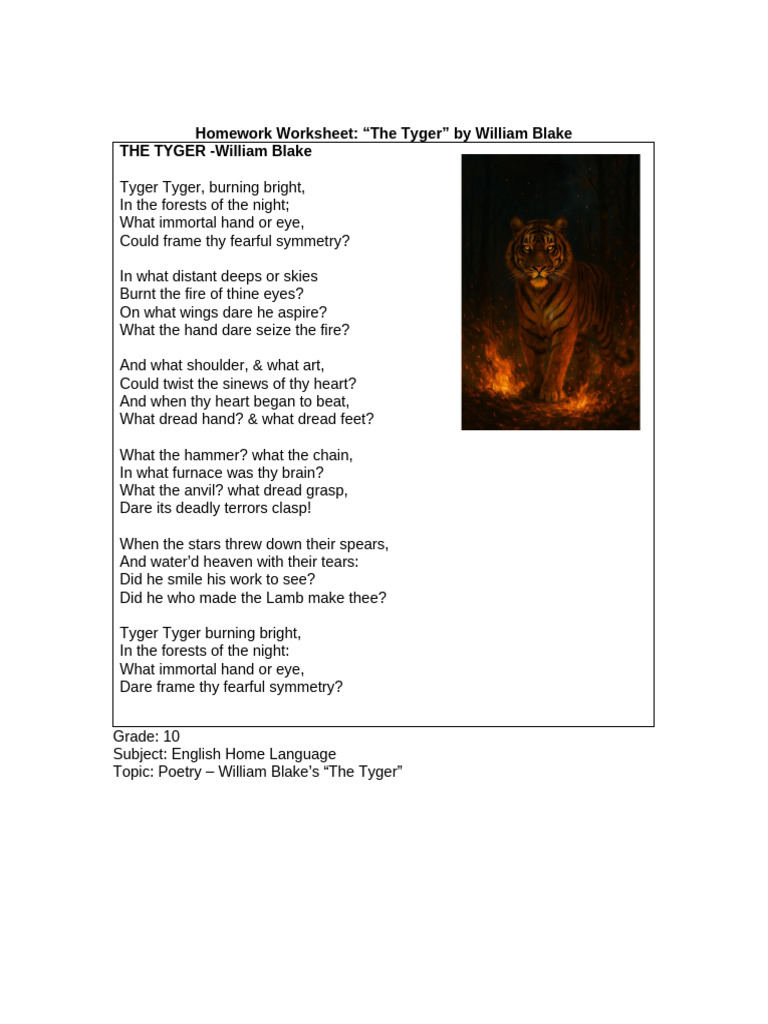 William Blake's "The Tyger" Homework Guide | PDF