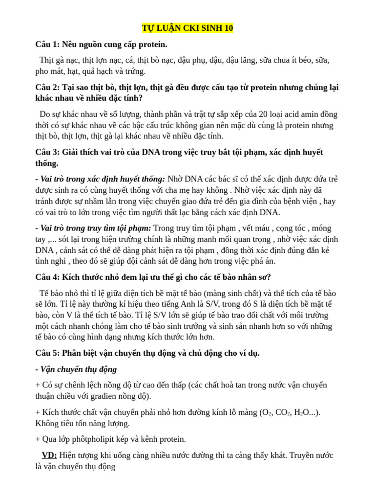 ĐỀ CƯƠNG SINH CK1 LỚP 10 | PDF