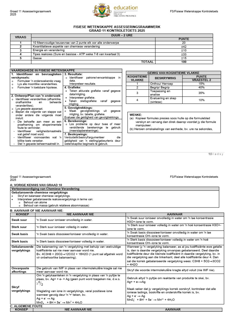 Physical Sciences GR 11 CT Assessent Frame Sep 2025 AFR | PDF