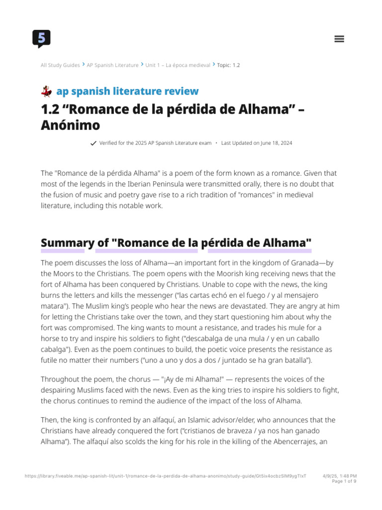 1.2 "El Romance Del Rey Moro" ? - AP Spanish Literature Class Notes ...