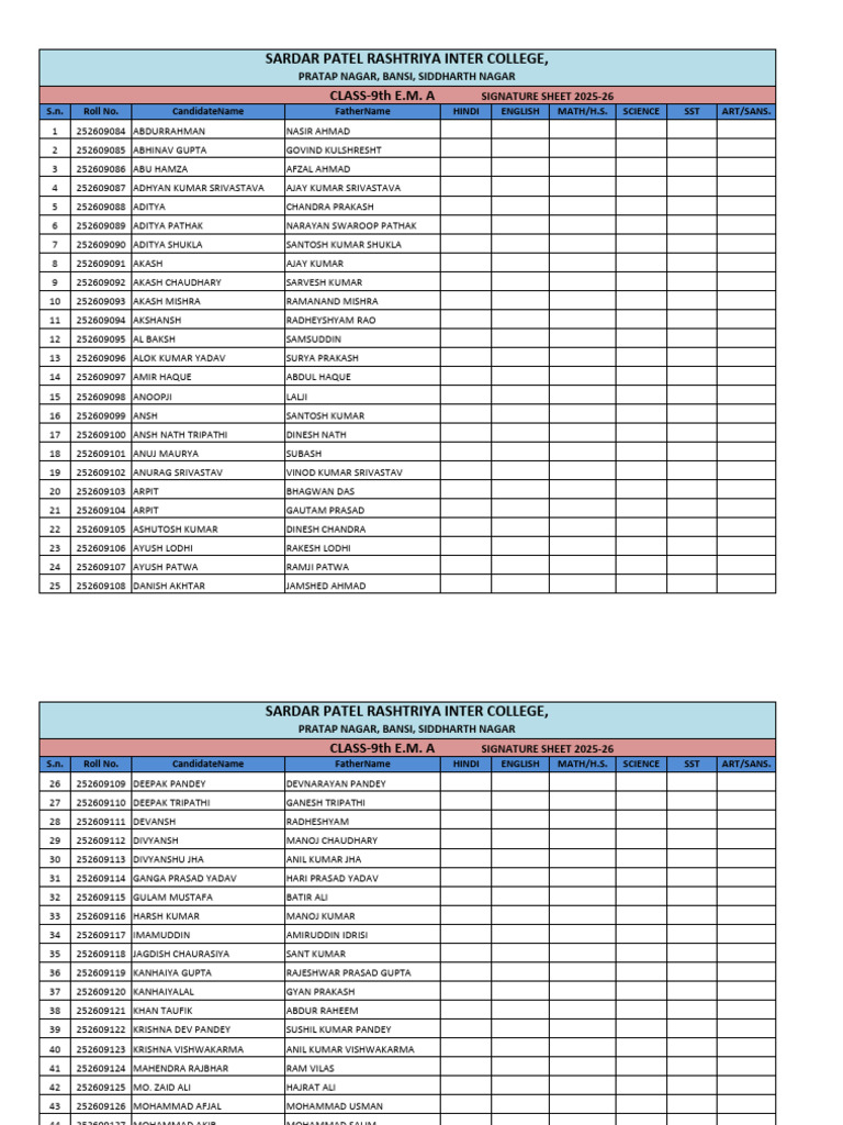 Class 9 Signature Sheet 2025-26 | PDF