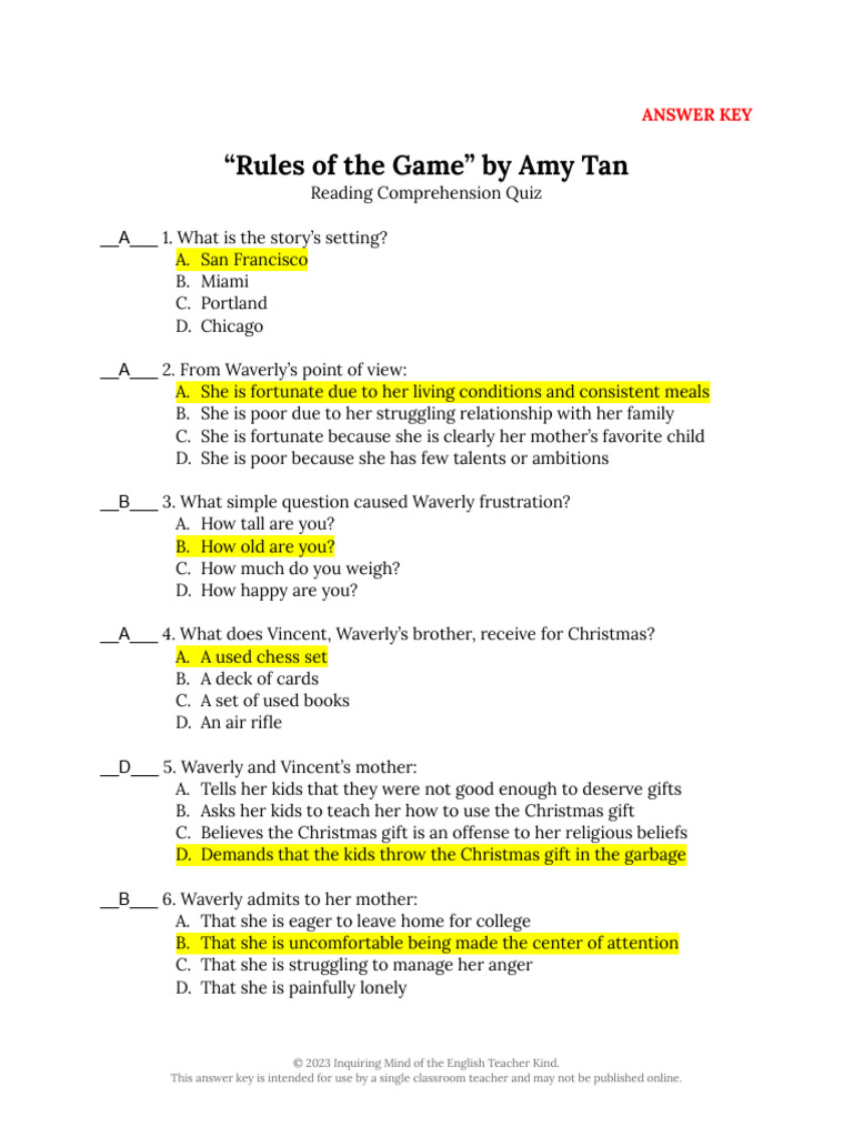 Key - Rules of The Game by Amy Tan Quiz | PDF | Behavioural Sciences ...