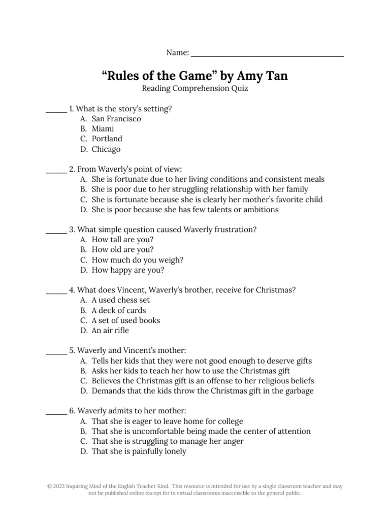 Rules of The Game by Amy Tan Quiz | PDF | Behavioural Sciences | Psychology