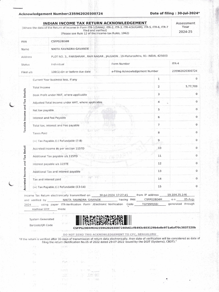 NIKITA GAVANDE FY 2023-24_20240813_0001 | PDF | Economy Of India | Taxation