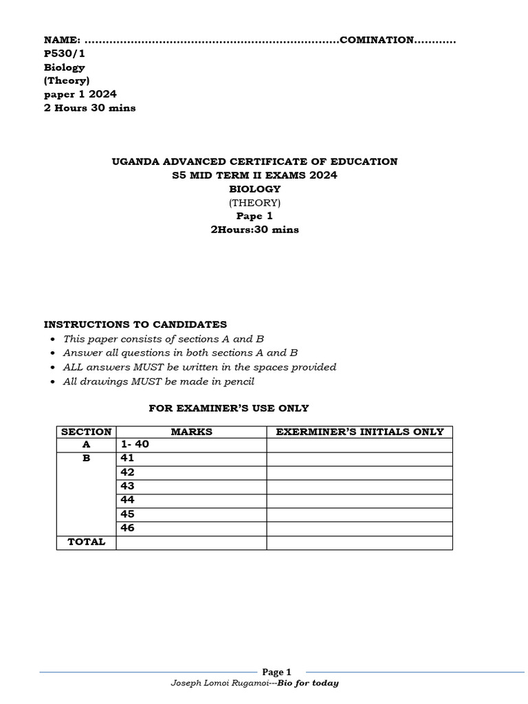 S5 Biology Mid Term II 2024 | PDF | Glucose | Enzyme