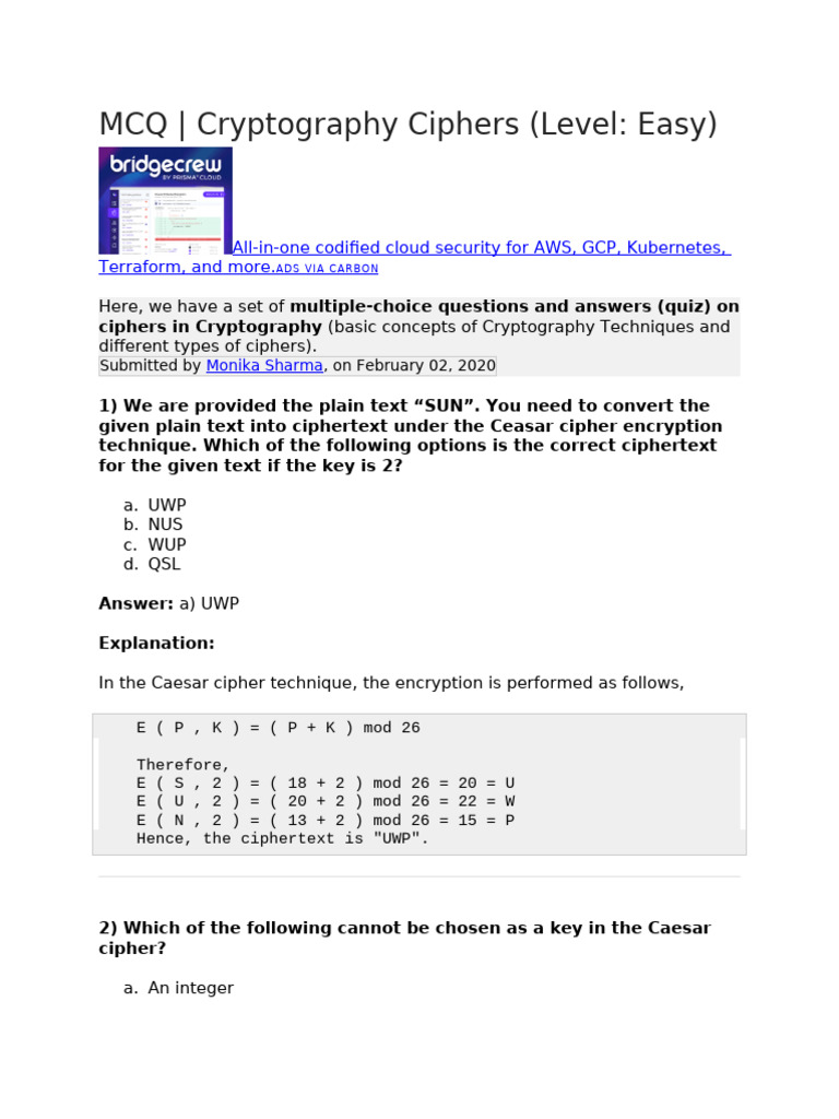 Cryptography Ciphers (Level Easy) Set 1 | PDF | Cipher | Key (Cryptography)