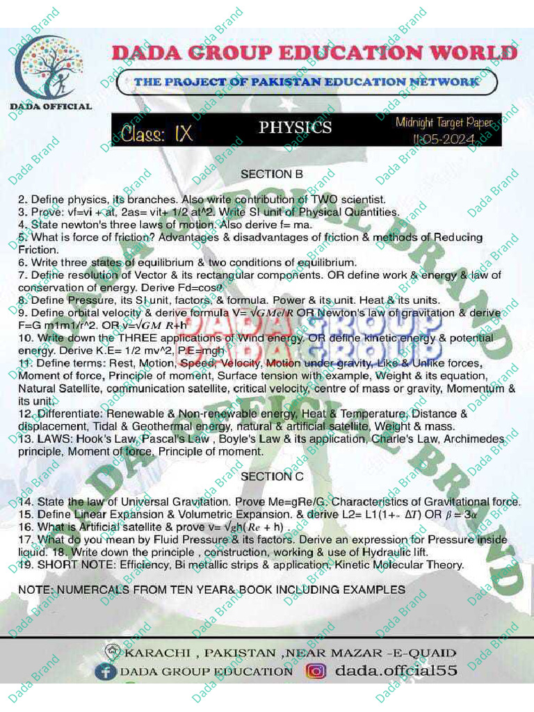 Class 9 Physics Midnight Target Paper by Dada Group-2024 | PDF
