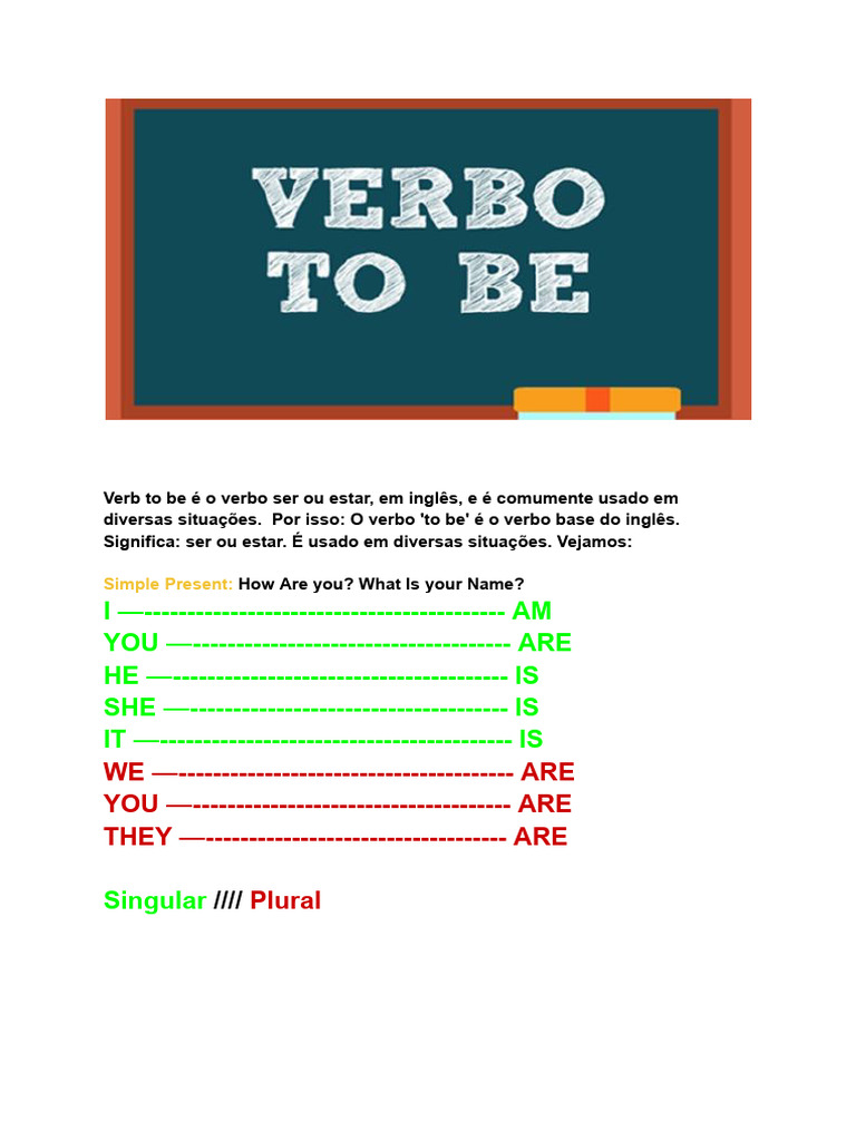 Verb to Be: Singular and Plural Forms | PDF