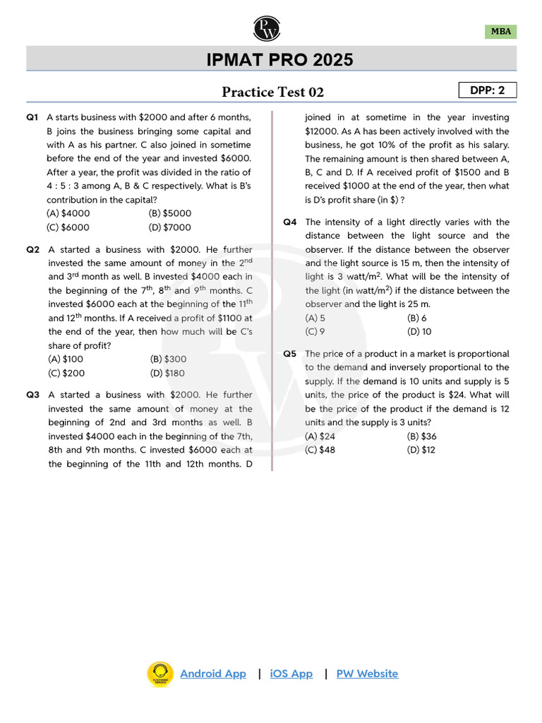 Practice Test 02 - Test Paper - PDF Only - IPMAT Pro 2025 | PDF