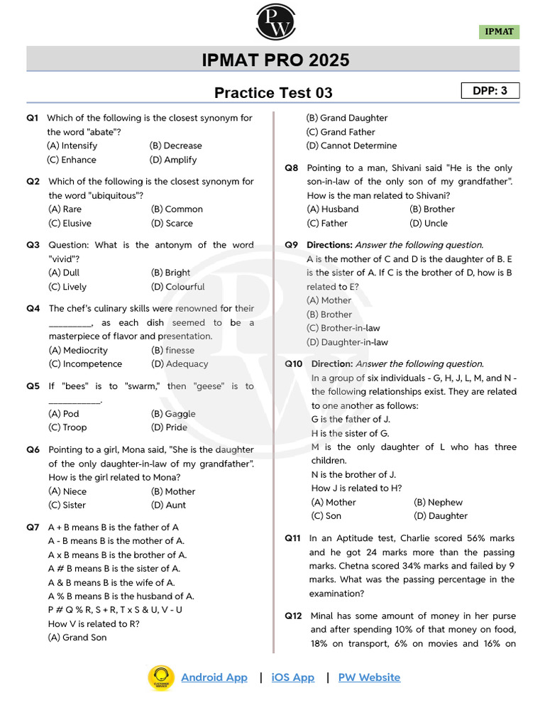 Practice Test 03 - Test Paper - PDF Only - IPMAT Pro 2025 | PDF ...