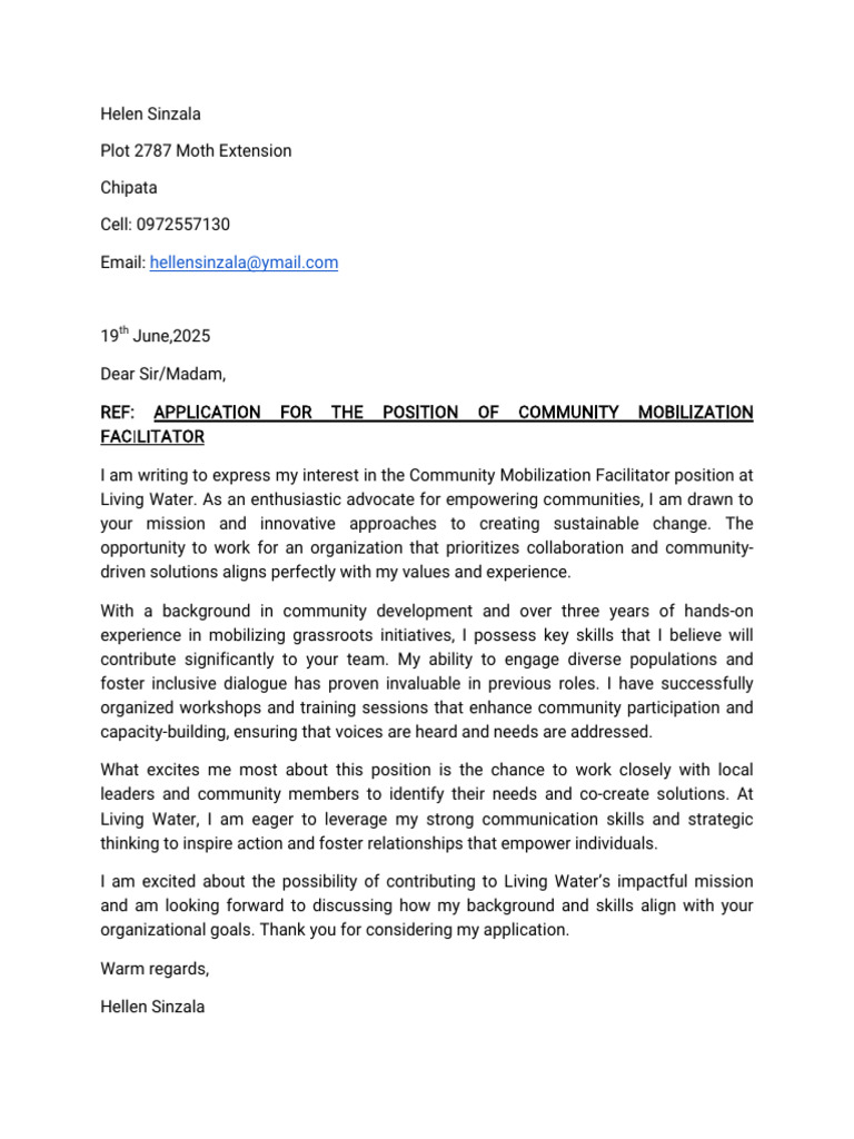 Community Mobilization Facilitator Cover Letter | PDF