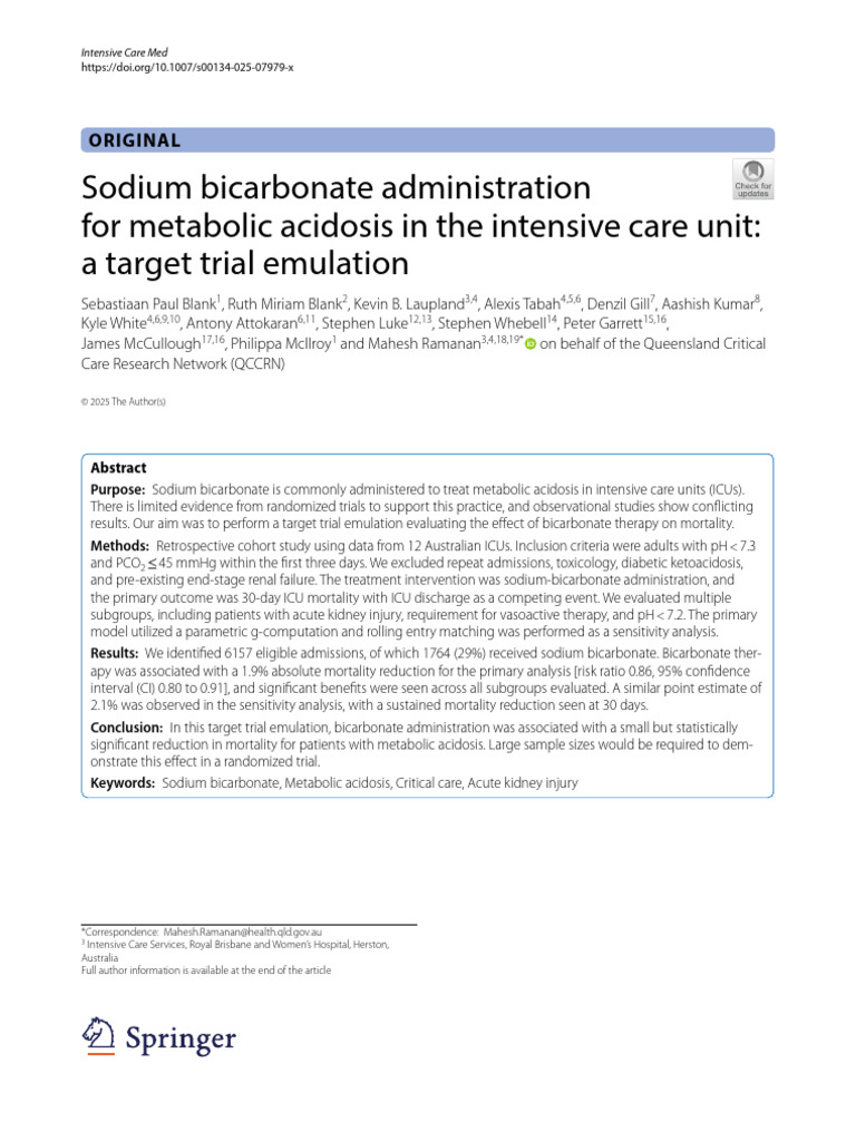 Bicarbonate Therapy Reduces ICU Mortality | PDF | Intensive Care ...