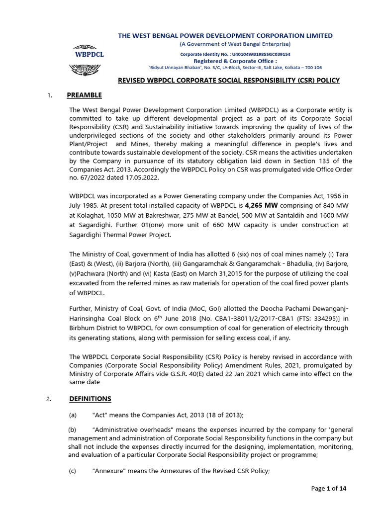PDCL CSR Policy 17-05-2022 | PDF | Corporate Social Responsibility