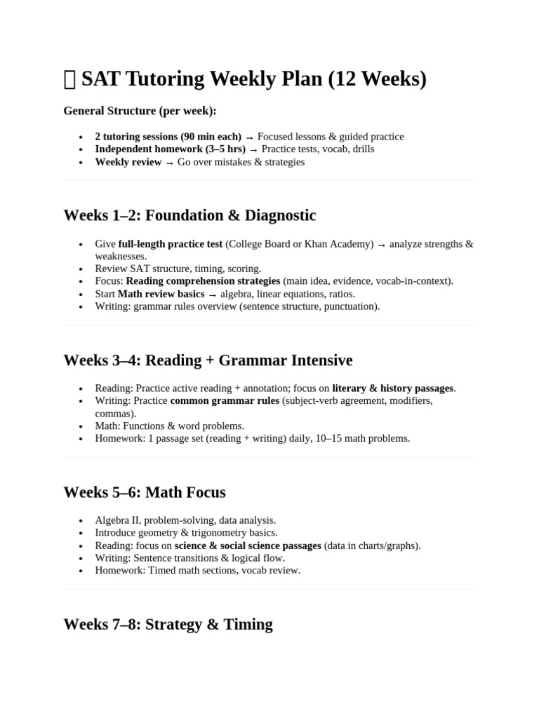 ? SAT Tutoring Weekly Plan | PDF