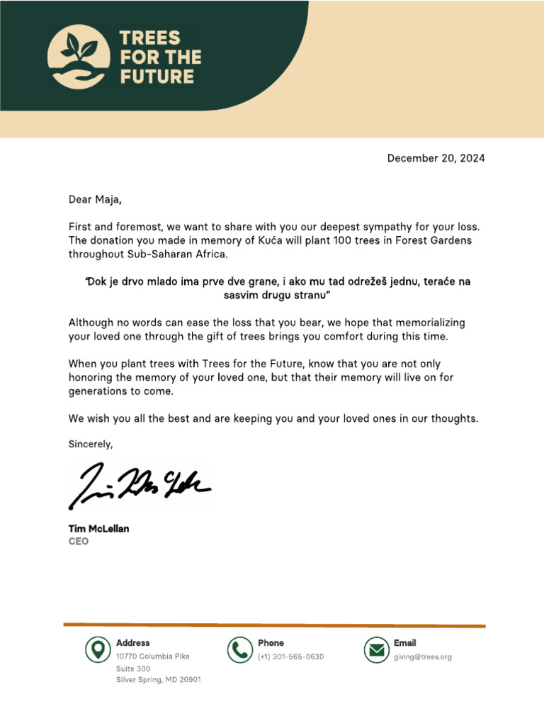 TREES Certificate in Memory Accompanying Letter Kuca | PDF