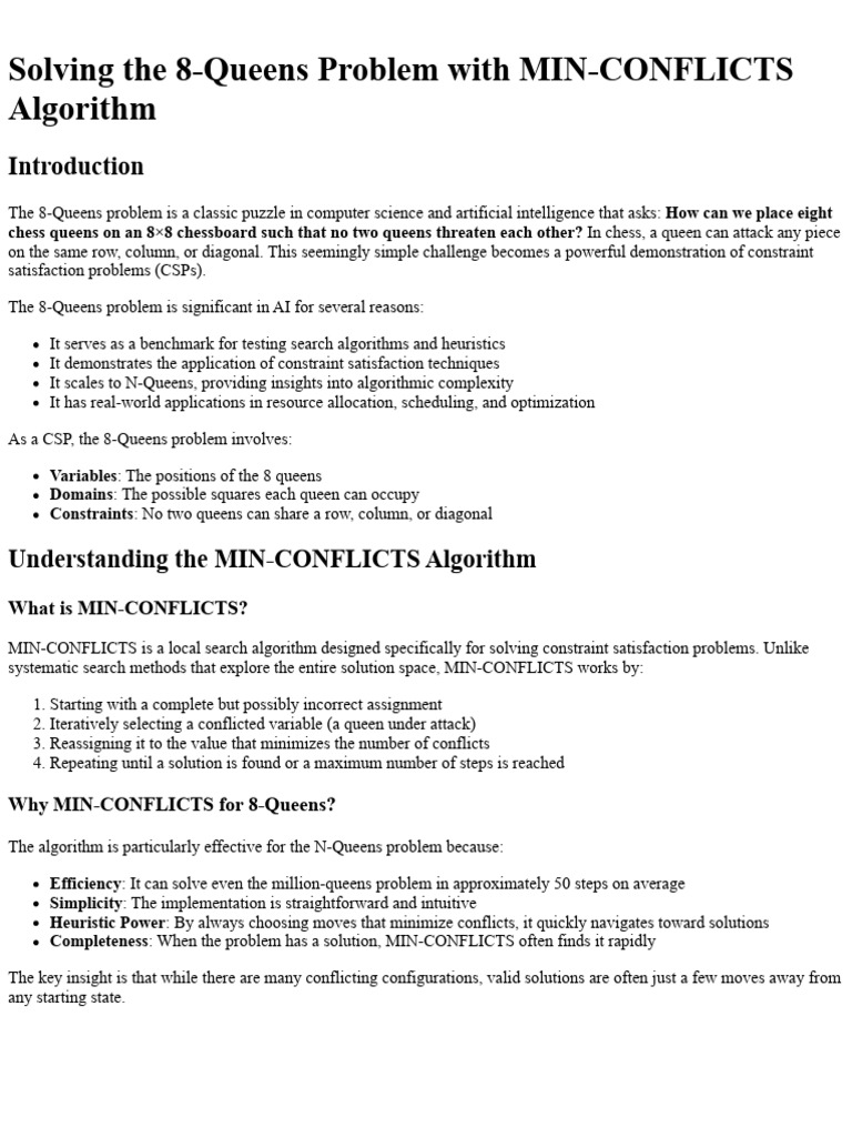 Solving The 8-Queens Problem With MIN-CONFLICTS Algorithm Claude | PDF | Applied Mathematics ...