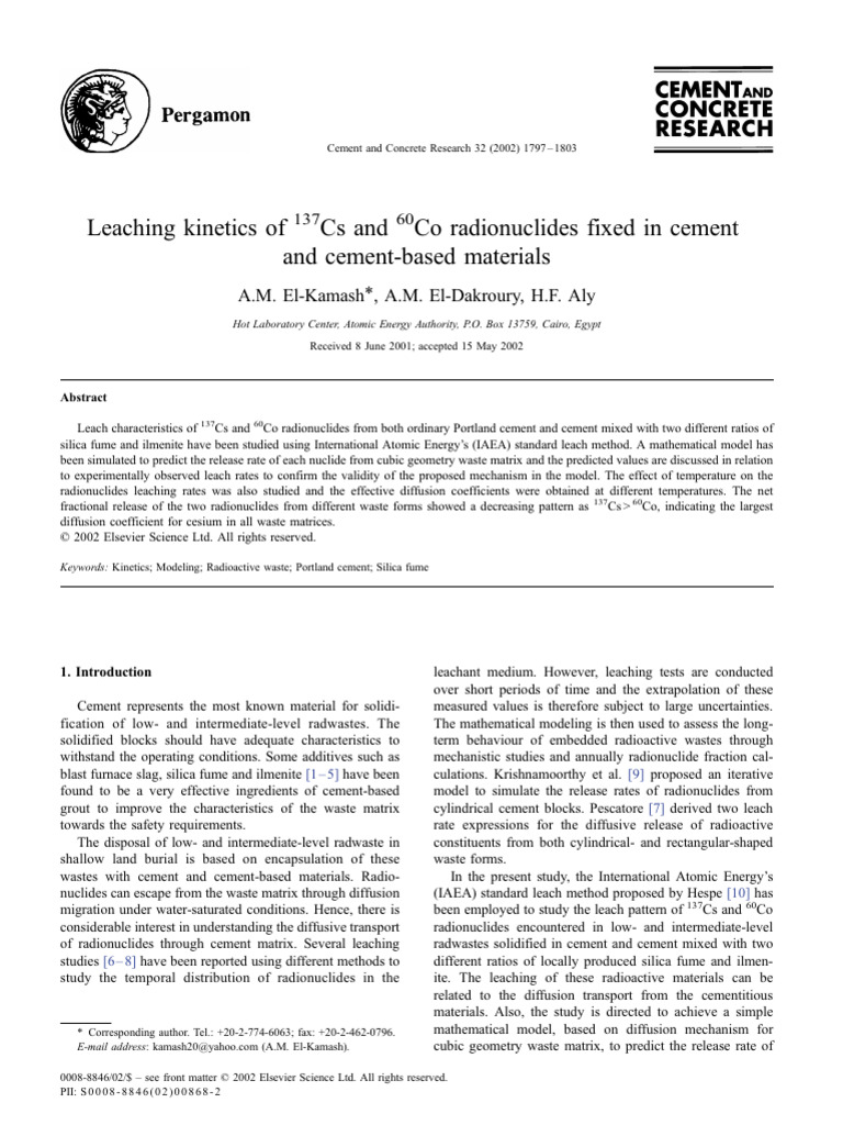Leaching Kinetics of 137Cs and 60co Radionuclides Fixed in Cement and ...