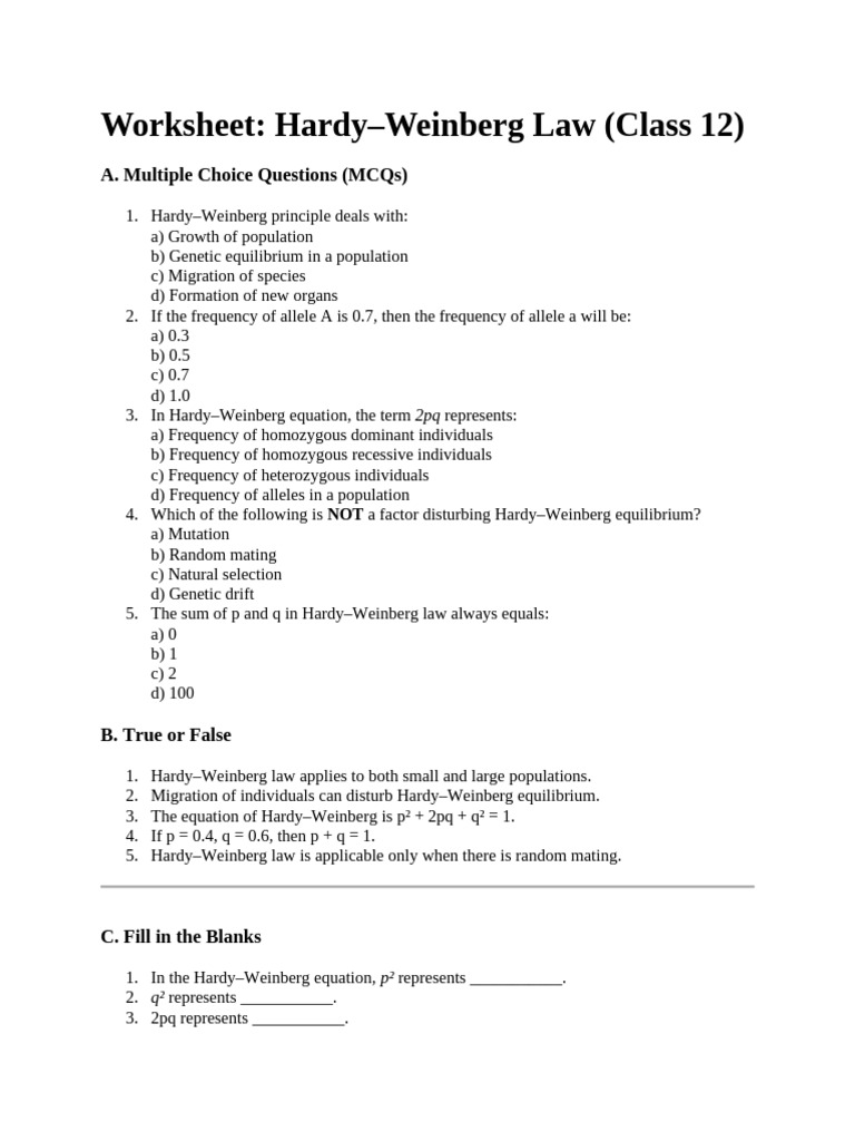 Hardy-Weinberg Equilibrium Worksheet | PDF