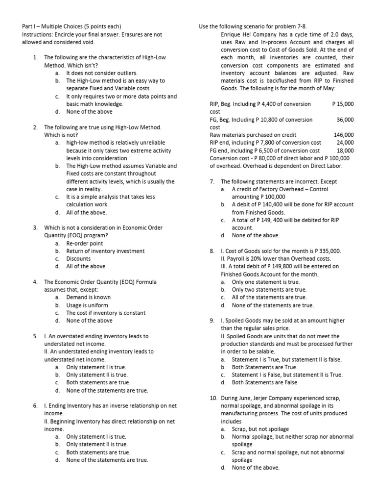 443014663 Cost Accounting Prelim Exam Questionaires 2 | PDF | Cost Of ...