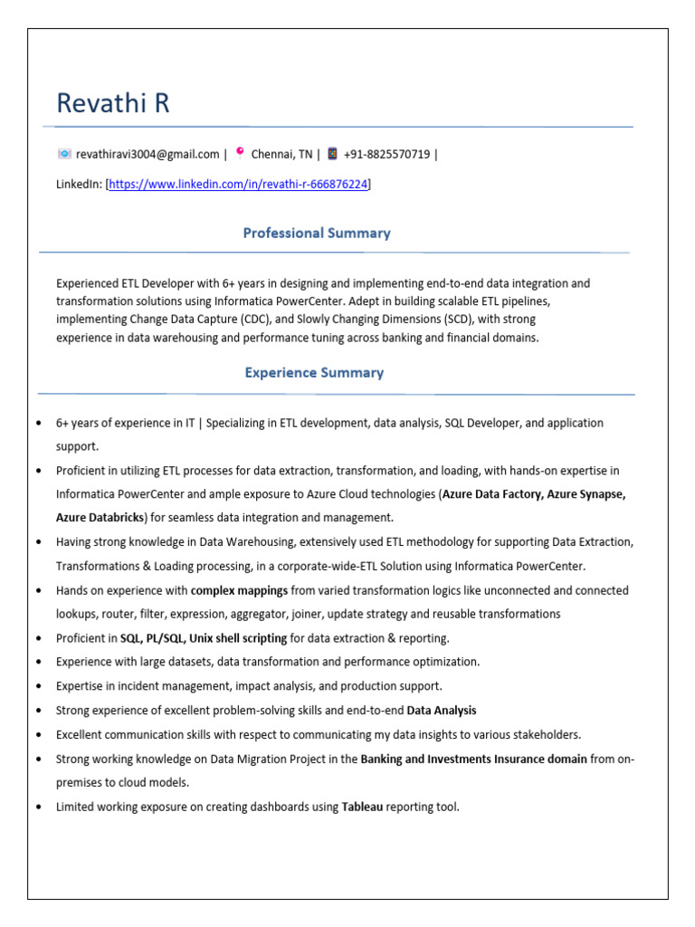 Revathi R Resume ETL Developer | PDF | Software Engineering | Computer ...