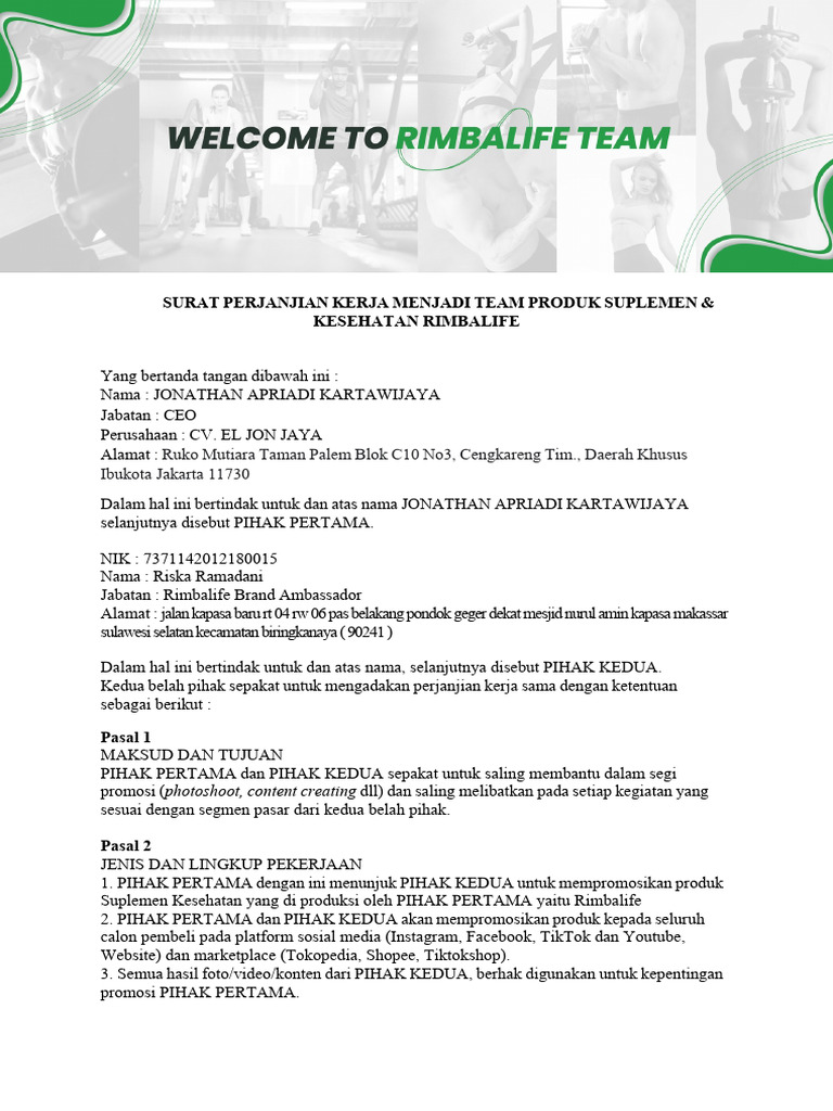 Perjanjian Kerja Brand Ambassador Rimbalife | PDF