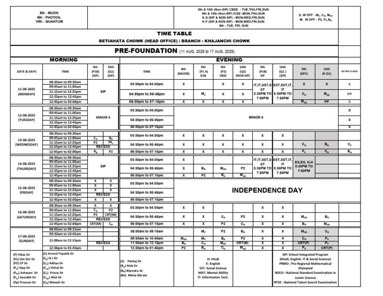 Class Schedule for August 2025 | PDF