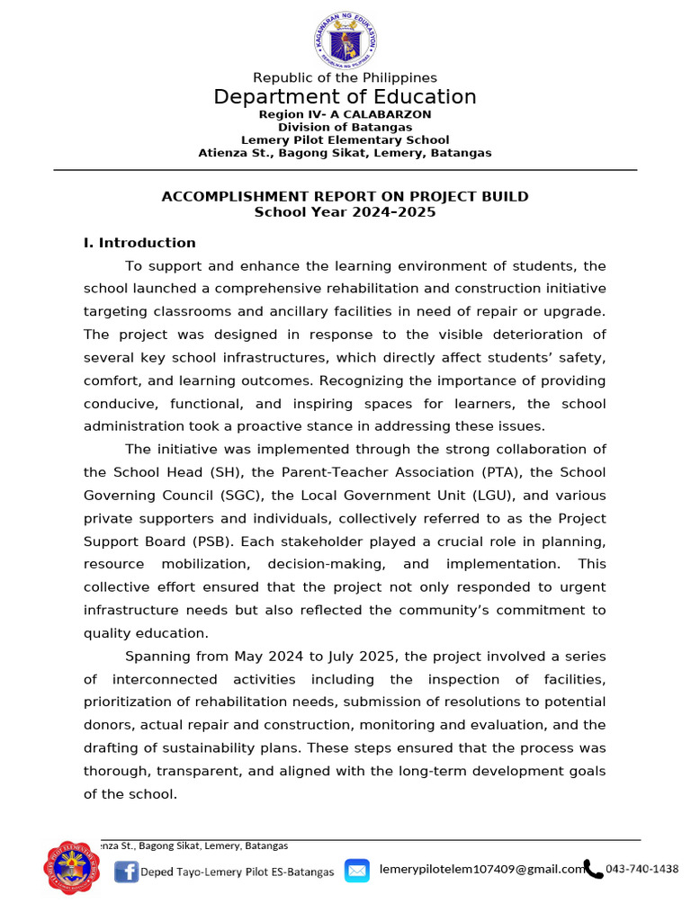 Lemery Pilot School Project Build Report | PDF