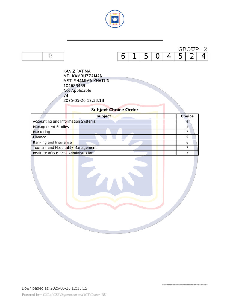 Rajshahi University Subject Choice Form 2024 | PDF