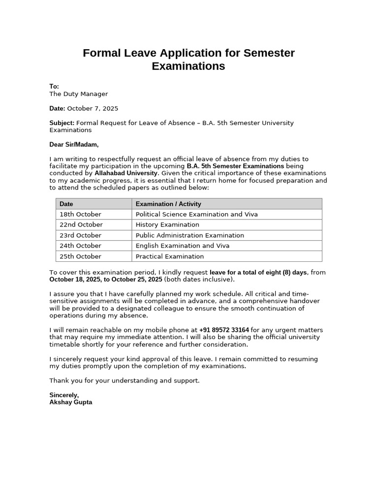 Leave Application for B.A. Exams | PDF