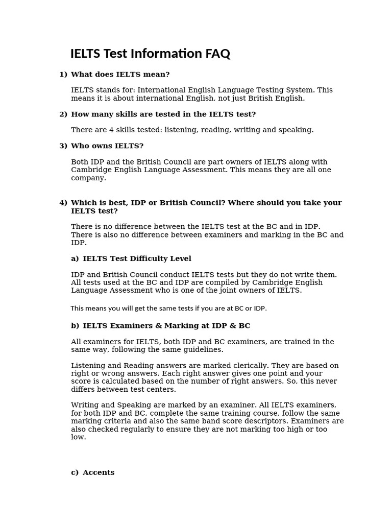 IELTS Test Information and FAQs | PDF | International English Language ...
