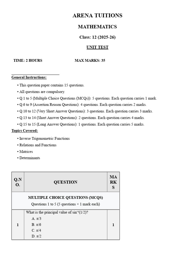 Mathematics 12 Question Paper | PDF | Determinant | Linear Algebra