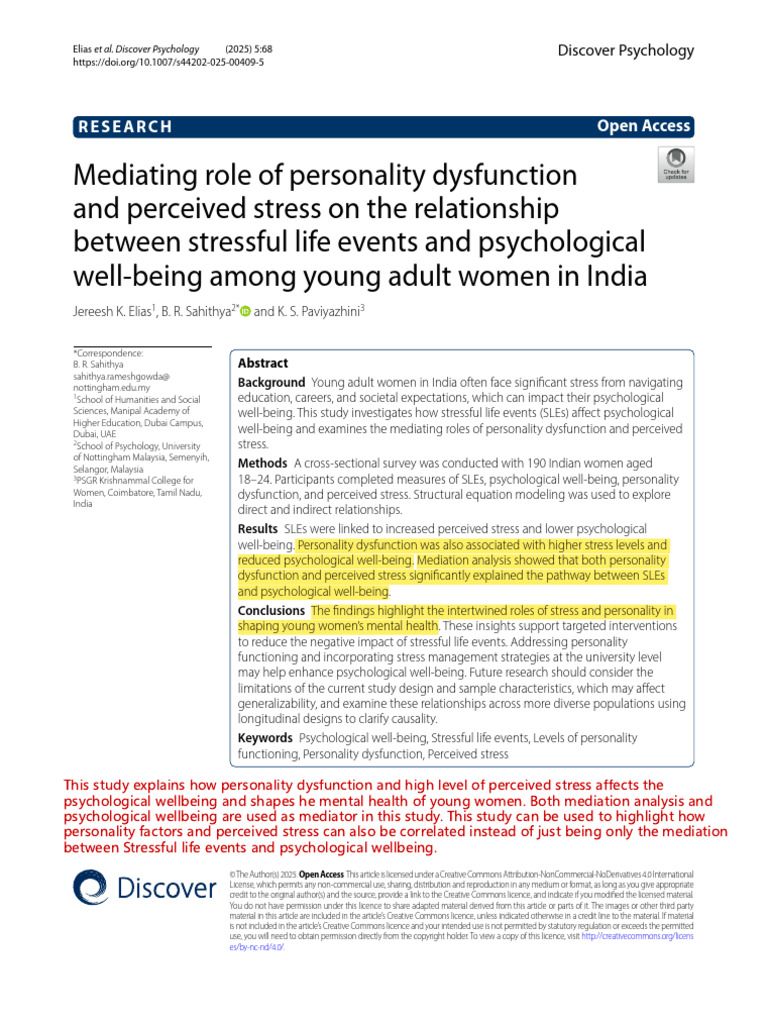 Mediating Role of Personality Dysfunction and Perceived Stress in ...