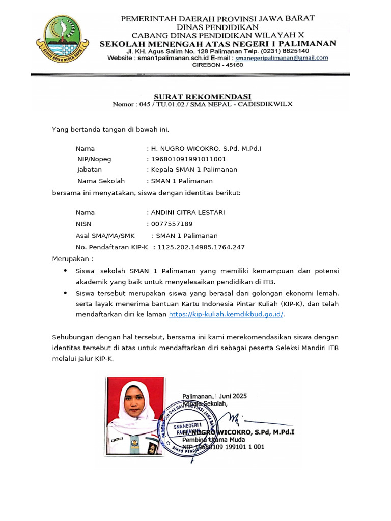 Rekomendasi KIP-K untuk Andini Citra Lestari | PDF