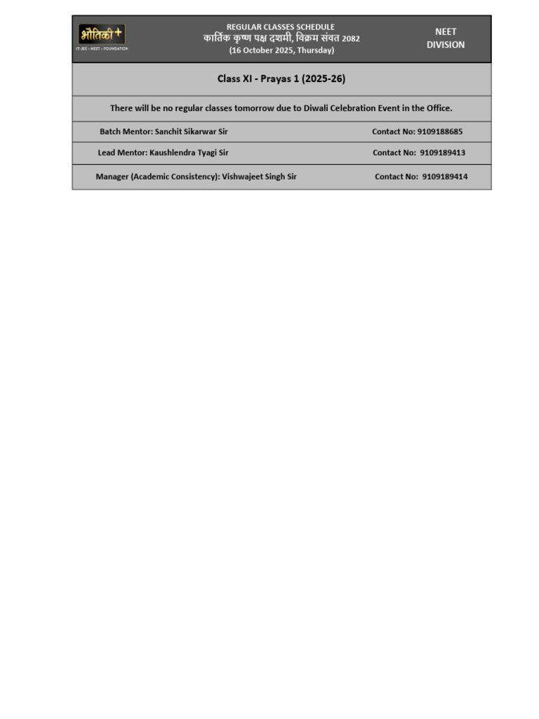 Regular Classes Schedule XI Prayas 1 (16!10!2025) | PDF