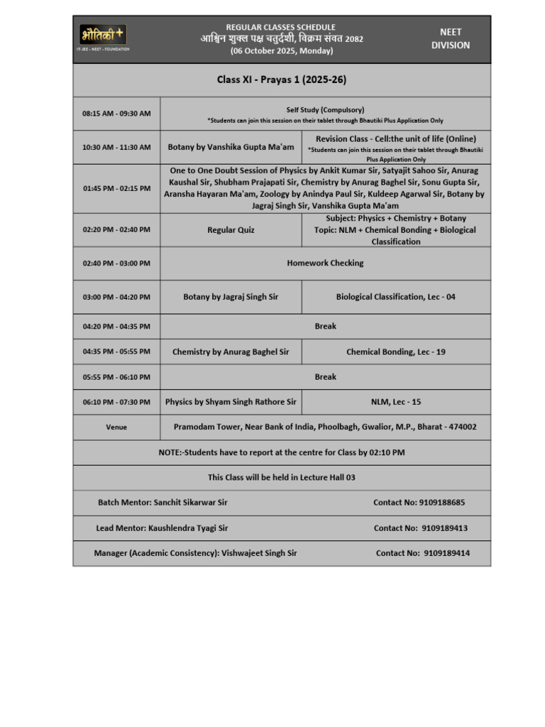 Regular Classes Schedule XI Prayas 1 (06-10-2025) | PDF | Physical Sciences | Natural Sciences