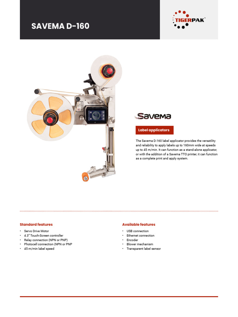 Savema D-160 Label Applicator Specs | PDF | Printer (Computing ...