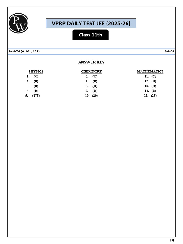VPRP Daily Test-74 - Set-01 - 11th-JEE - (AJ101 & AJ102MR) - Answer Key ...
