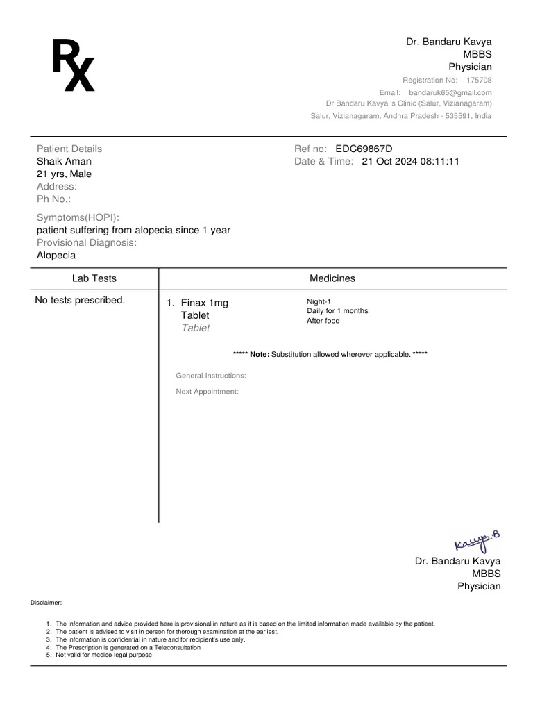 Patient Details Ref No: Date & Time:: Dr. Bandaru Kavya Mbbs Physician ...