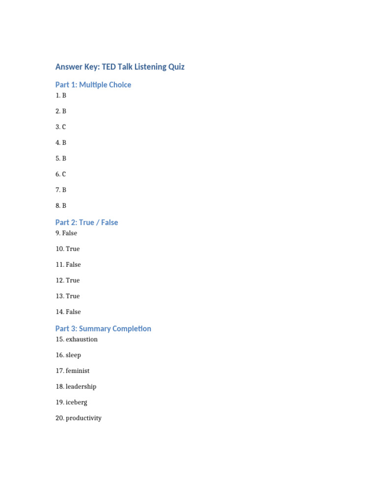 TED Talk Listening Quiz Answer Key | PDF