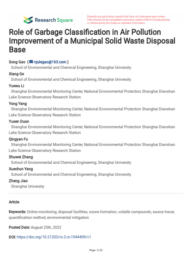 Role of Garbage Classi Cation in Air Pollution Improvement of A ...