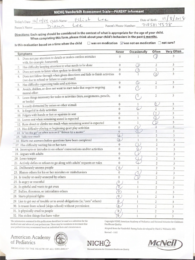 NICHQ Vanderbilt Assessment Scale-PARENT Informant | PDF
