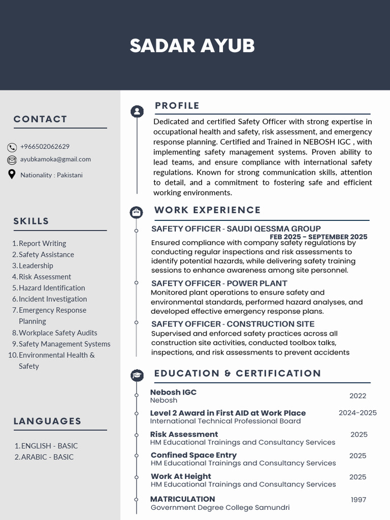Sadar Ayub: Safety Officer Profile | PDF | Occupational Safety And ...