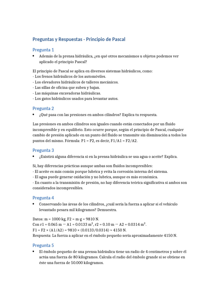 Principio Pascal Preguntas | PDF